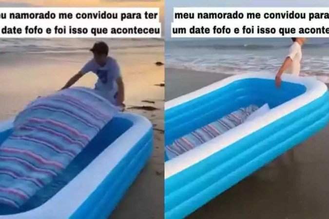 Casal tenta fazer encontro romântico com colchão no mar; veja o resultado