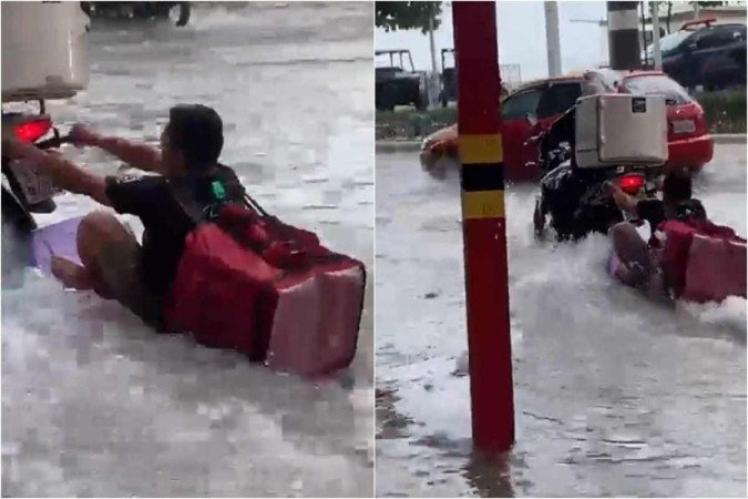 Homem 'surfa' em enchente e viraliza nas redes sociais; veja o vídeo